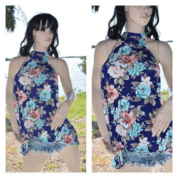 SwankStyles | Tops | Royal Blue And Floral Halter Top | Poshmark